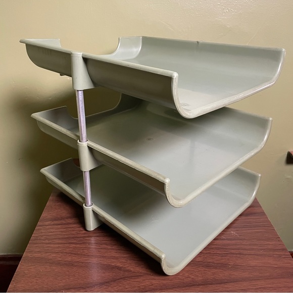 Office | Vtg Mid Century Modern Mcm Green 3tier Metal File Tray Desk ...